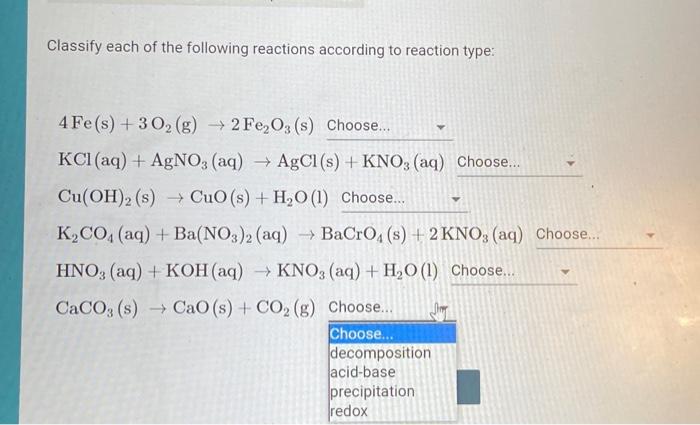 Solved Classify each of the following reactions according to | Chegg.com