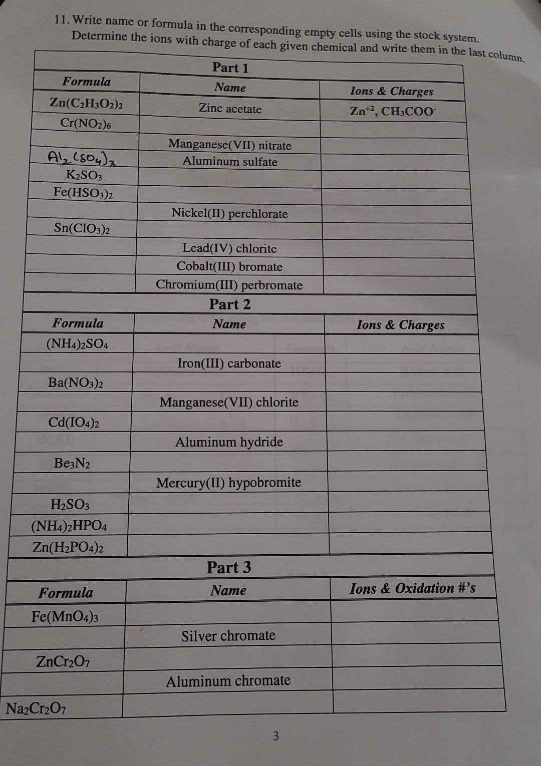 Solved 11. Write name or formula in the corracmams: | Chegg.com