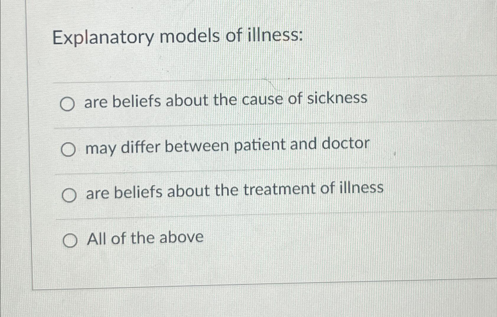 Solved Explanatory models of illness:are beliefs about the | Chegg.com