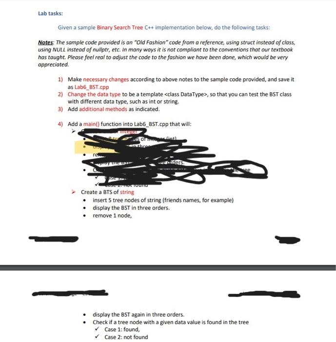 Solved Lab tasks: Given a sample Binary Search Tree C++ | Chegg.com