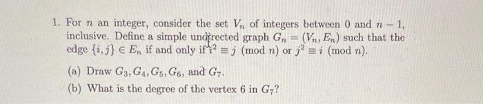 Solved 1. For n an integer, consider the set Vn of integers | Chegg.com
