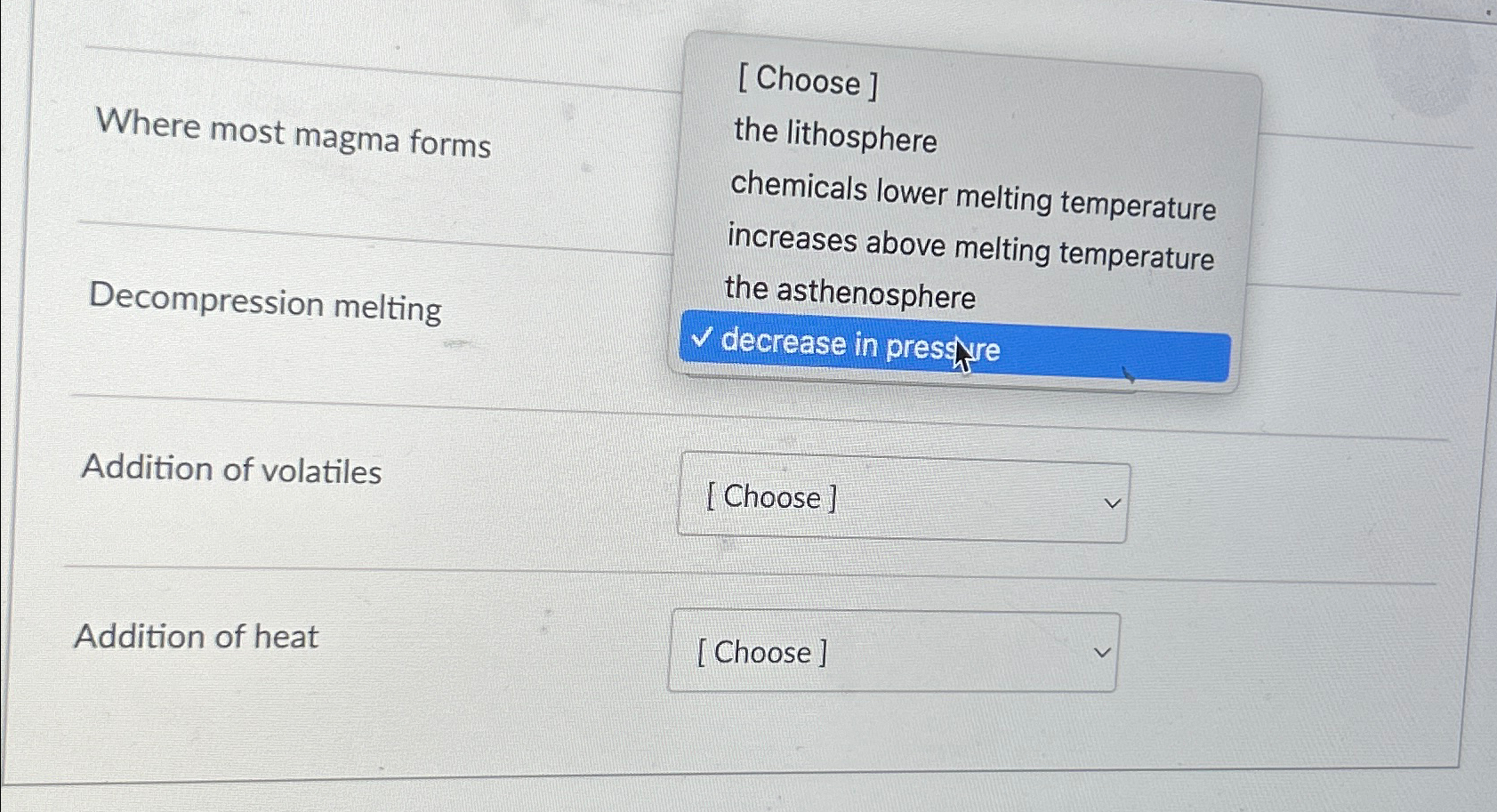 Solved [ ﻿Choose ]Where most magma formsthe | Chegg.com