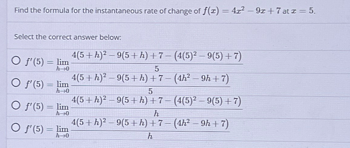 Solved Find the formula for the instantaneous rate of change | Chegg.com