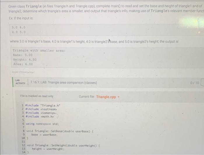 Solved Given Class Triang Le In Files Triangleh And 