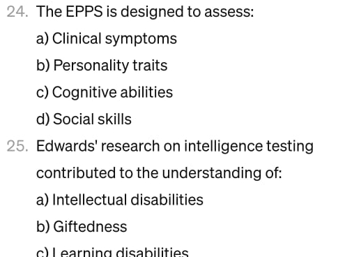 The EPPS is designed to assess:a) ﻿Clinical | Chegg.com