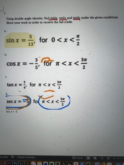 Solved 1. Using double angle identity, find sin2x, cos2x and | Chegg.com