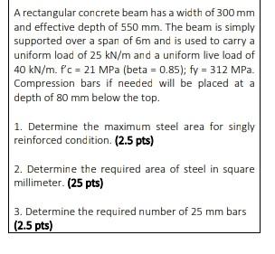 Solved A rectangular concrete beam has a width of 300 mm and | Chegg.com