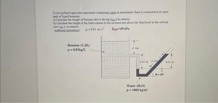 Solved 2) An inclined open-end manometer containing water as | Chegg.com