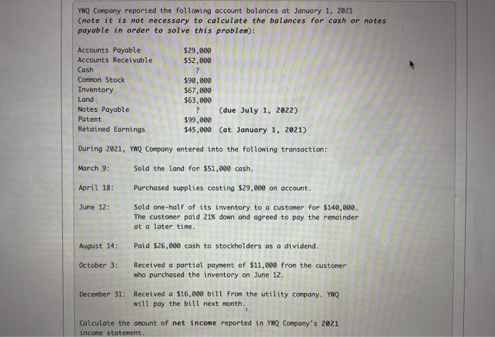 Solved YWQ Company reported the following account balances | Chegg.com