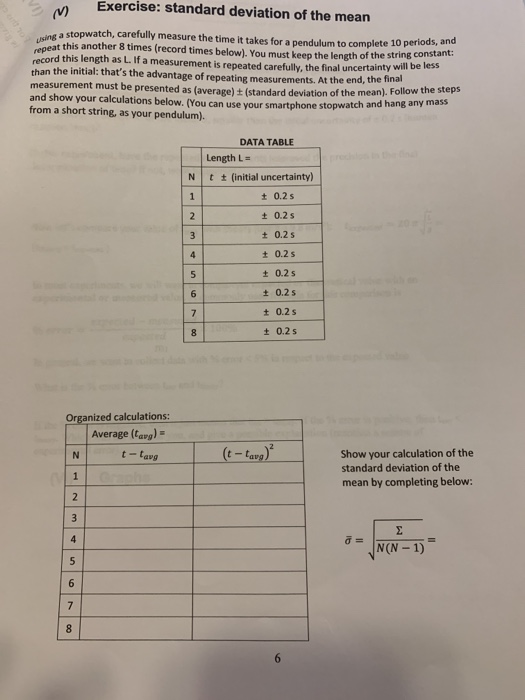 VI M Exercise: standard deviation of the mean using a | Chegg.com