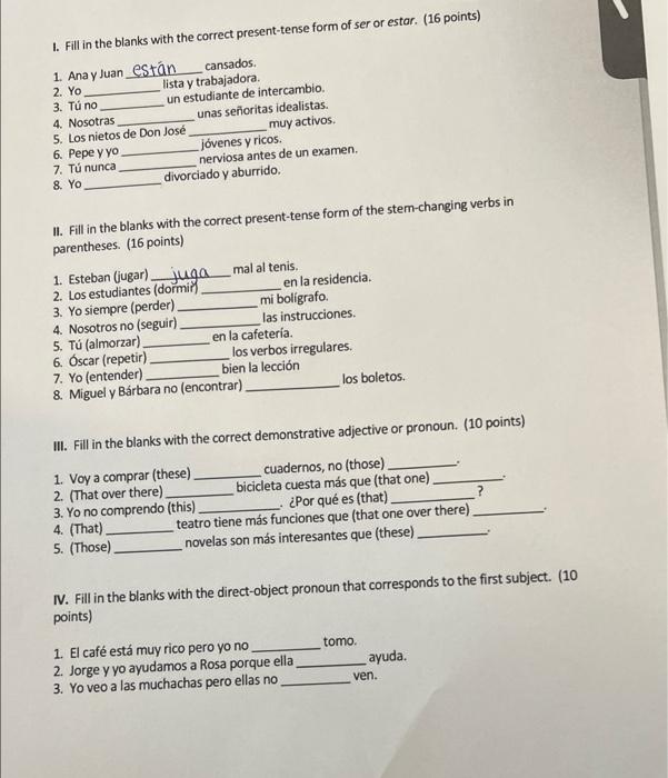 1. Fill in the blanks with the correct present tense | Chegg.com