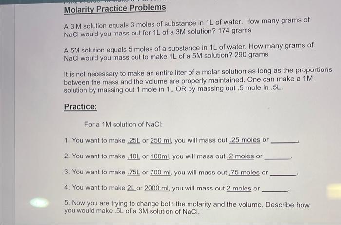 Solved Molarity Practice Problems A 3M solution equals 3 | Chegg.com