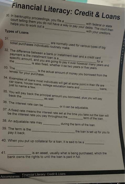 Financial Literacy: Credit & Loans Directions Fill in | Chegg.com