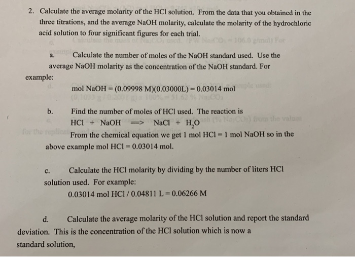 Solved 2. Calculate the average molarity of the HCl | Chegg.com