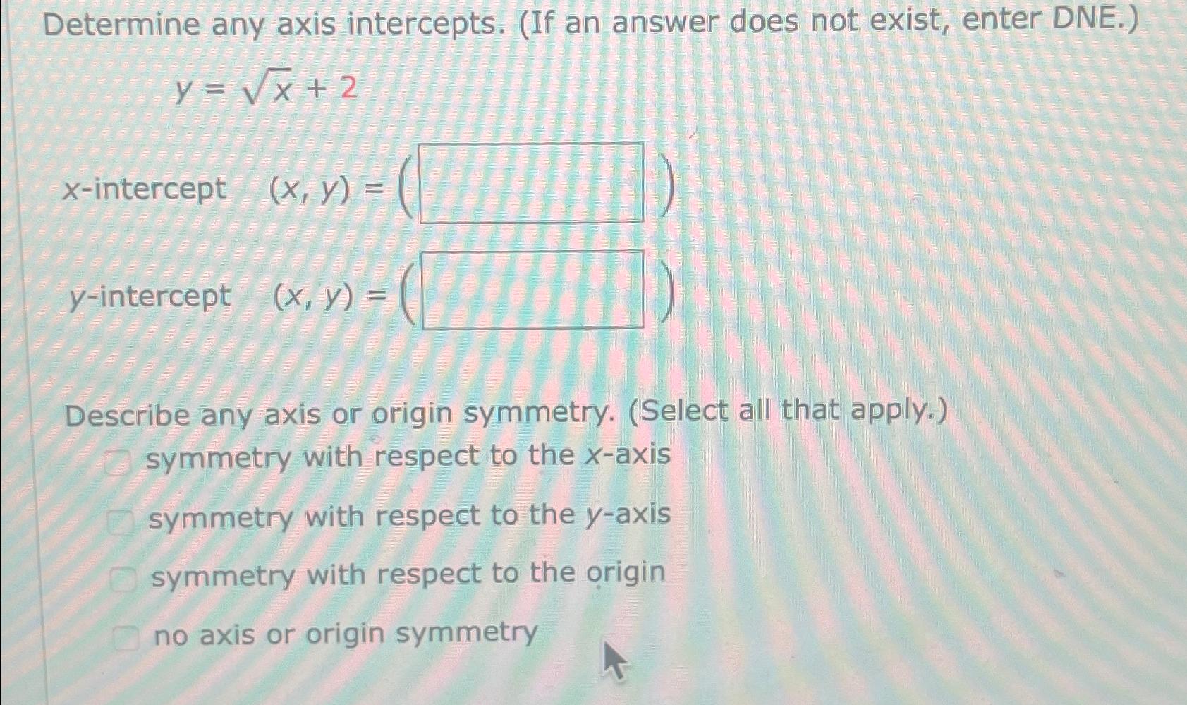 Solved Determine any axis intercepts. (If an answer does not | Chegg.com
