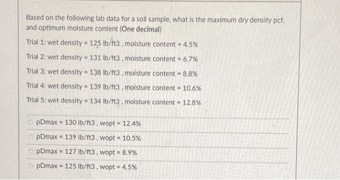 Solved Based on the following lab data for a soll sample, | Chegg.com