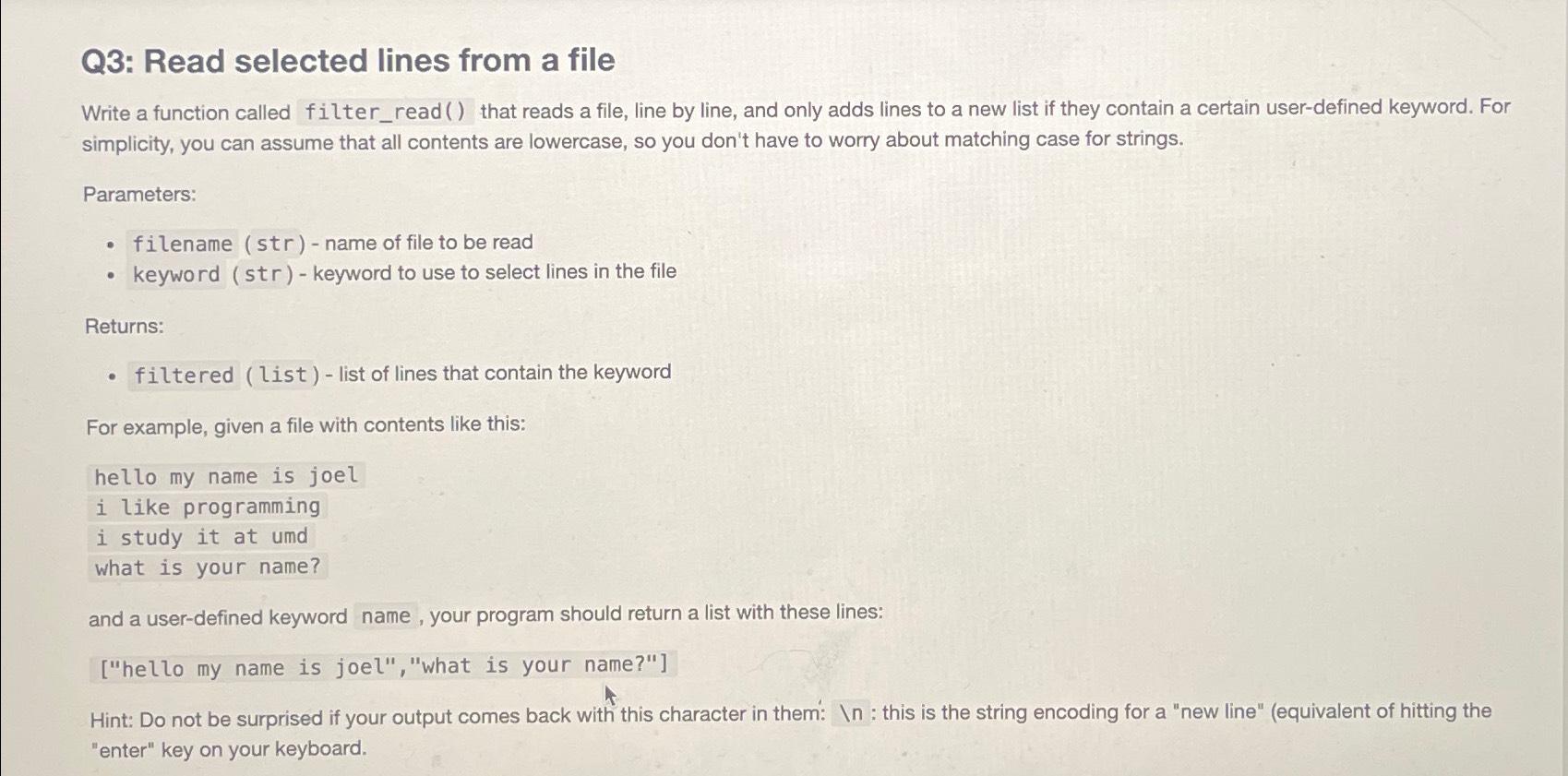 Solved Q3: Read selected lines from a fileWrite a function | Chegg.com