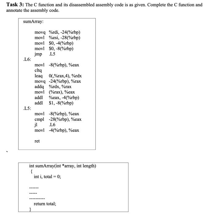 Solved Task 3: The C function and its disassembled assembly | Chegg.com
