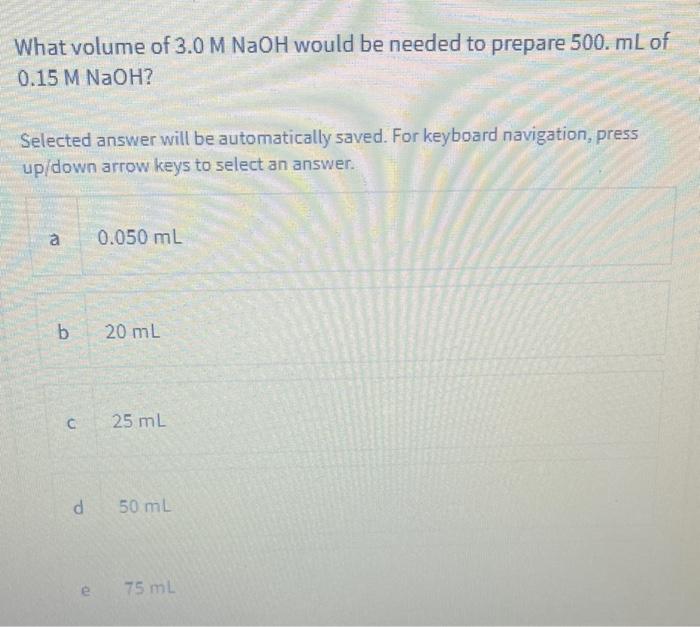 Solved What volume of 3.0MNaOH would be needed to prepare | Chegg.com