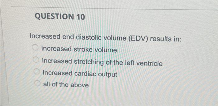 Solved Increased end diastolic volume (EDV) results in: | Chegg.com