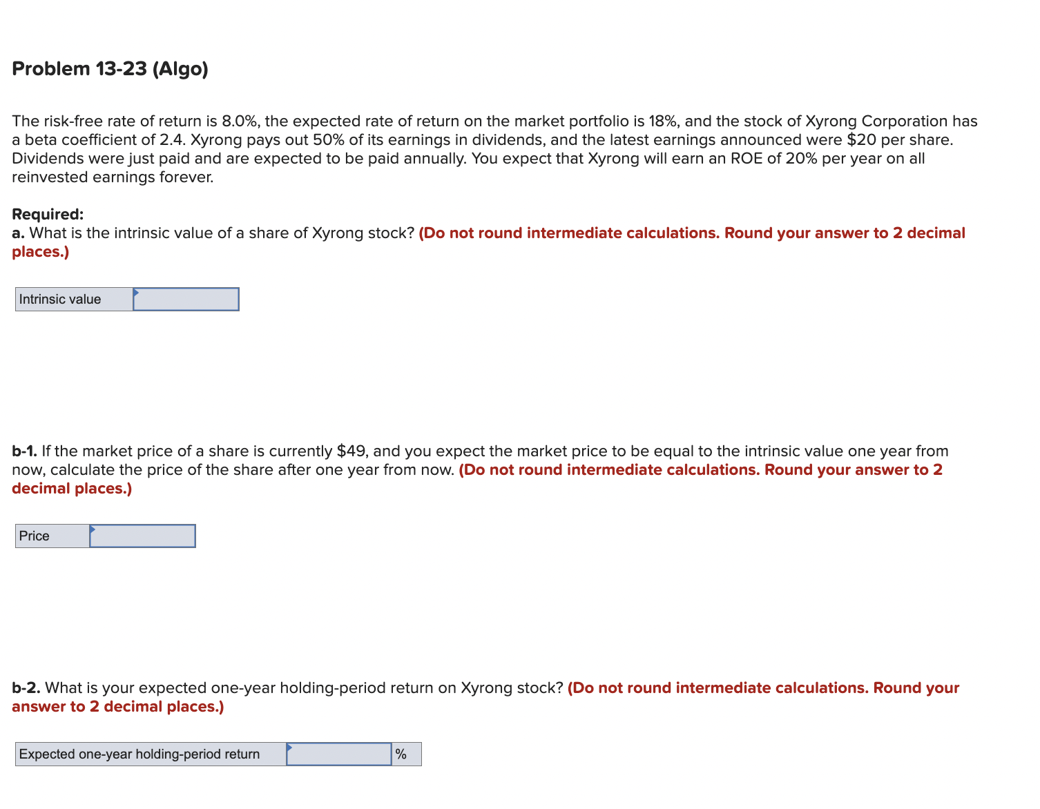 Solved Problem 13-23 (Algo)The risk-free rate of return is | Chegg.com