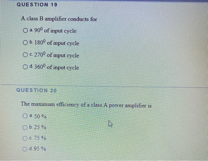 A class b amplifier conducts for of the cycle