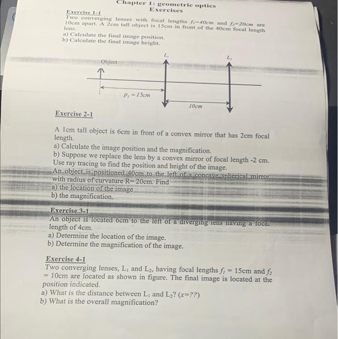 Solved Exercise 1-1 Two converging Ienses with focal lengths | Chegg.com