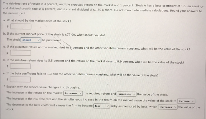 Solved The risk-free rate of return is 3 percent, and the | Chegg.com