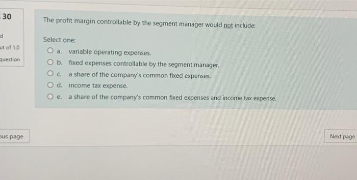 Solved 30 The Profit Margin Controllable By The Segment