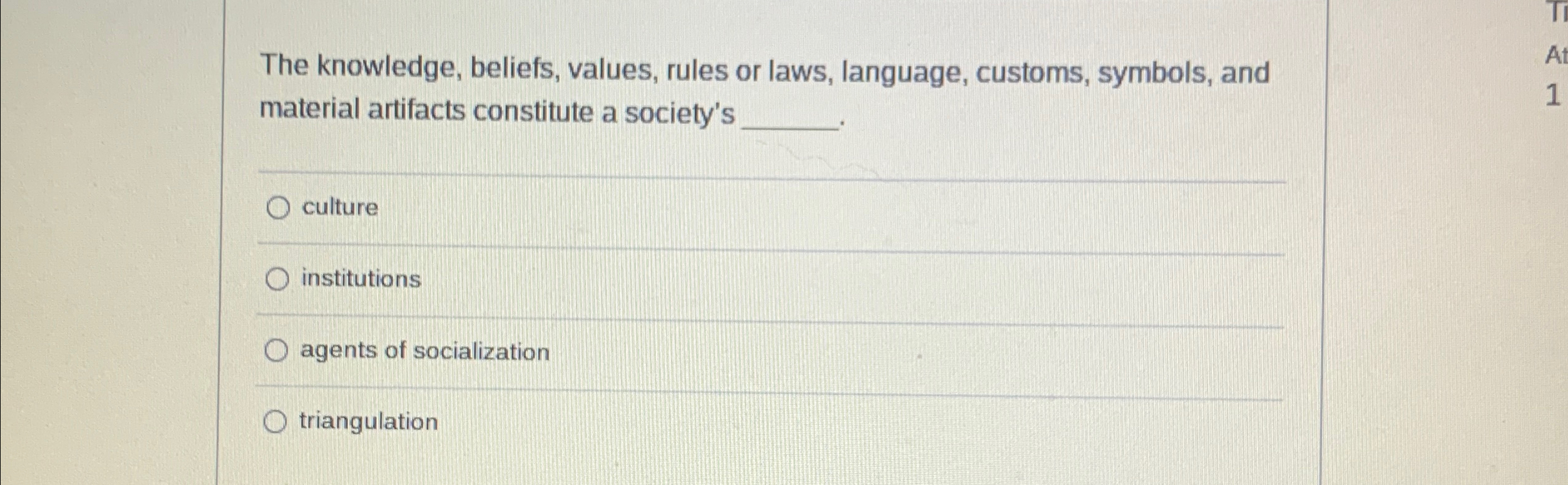 Solved The knowledge, beliefs, values, rules or laws, | Chegg.com