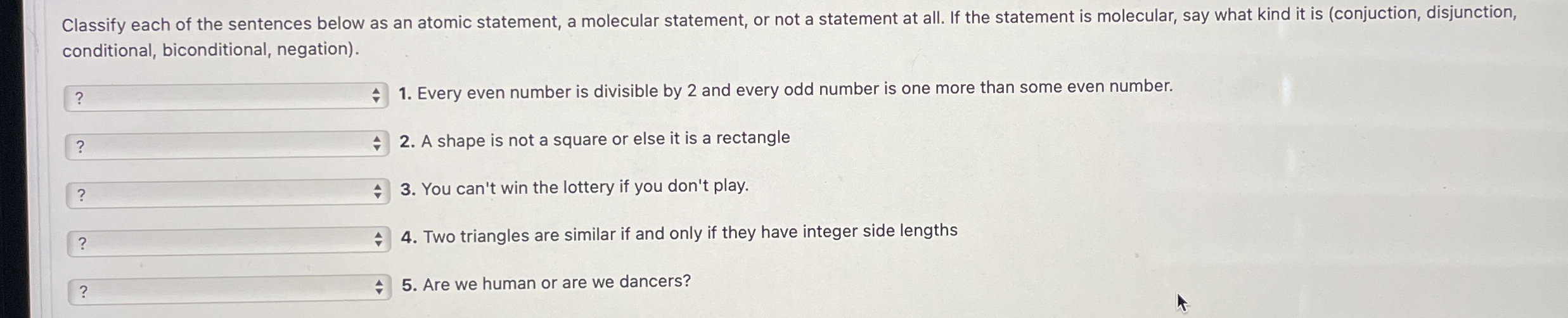 Solved Classify each of the sentences below as an atomic | Chegg.com