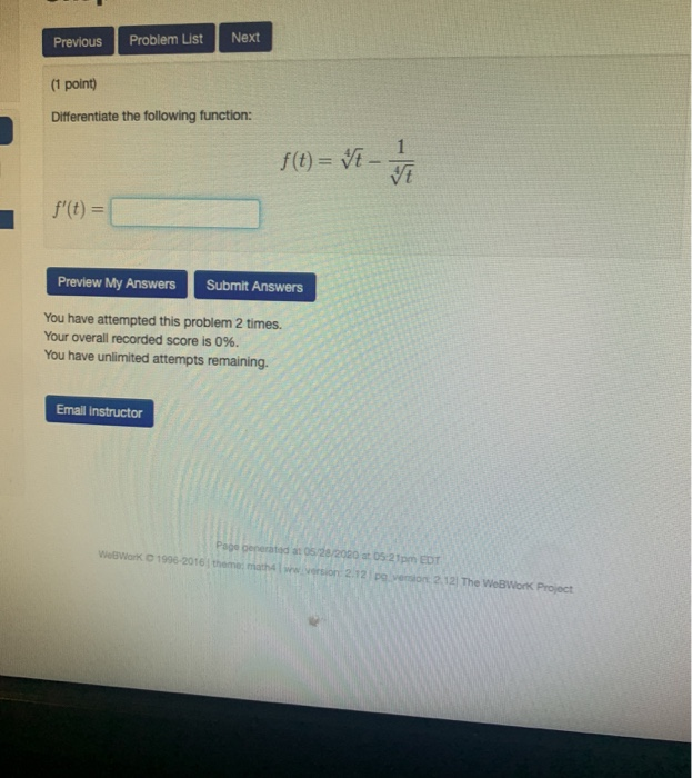 Solved Previous Problem List Next (1 point) Differentiate | Chegg.com