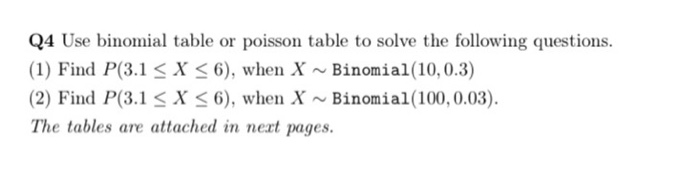 Solved Q4 Use binomial table or poisson table to solve the | Chegg.com
