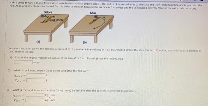 Solved A disk slides toward a motionless suck on a | Chegg.com