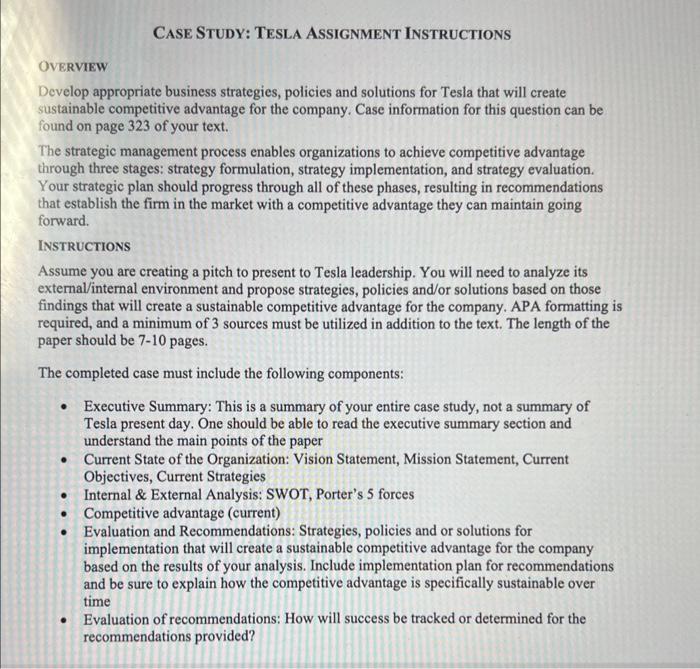 Solved CASE STUDY: TESLA ASSIGNMENT INSTRUCTIONS OVERVIEW | Chegg.com