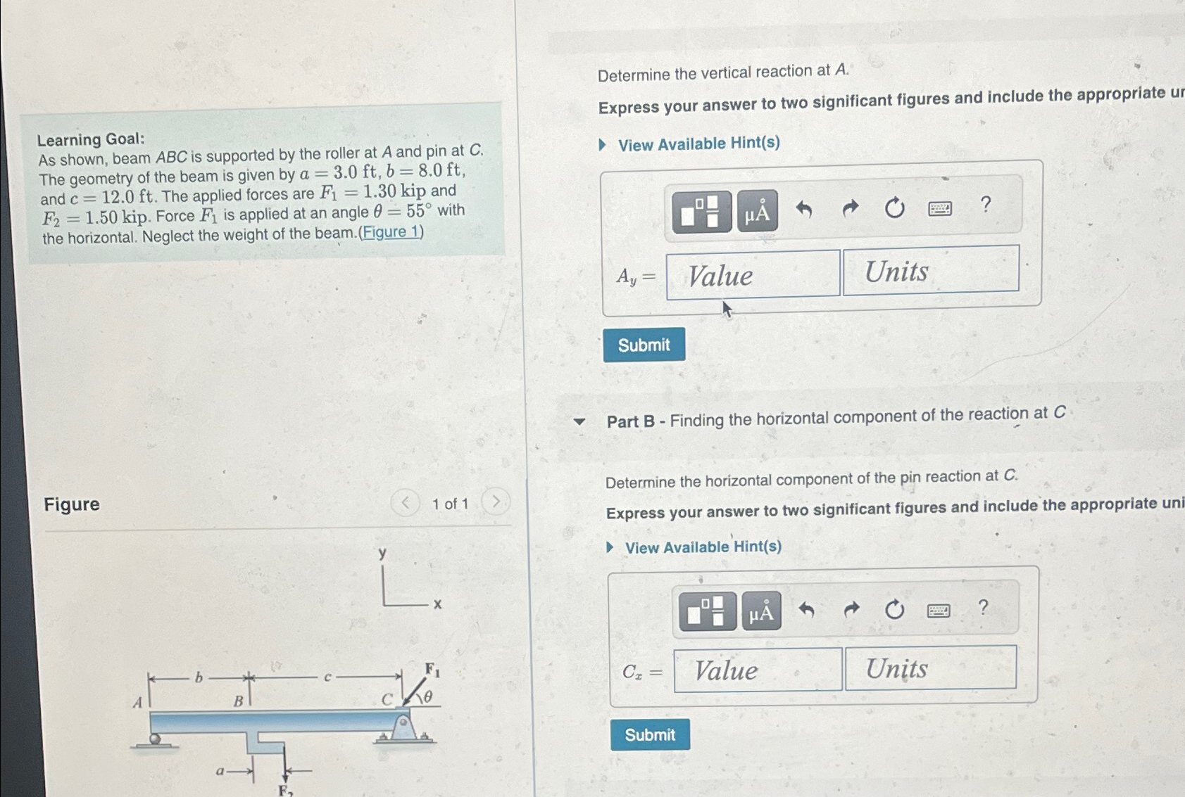 Solved Learning Goal:As shown, beam ABC is supported by the | Chegg.com