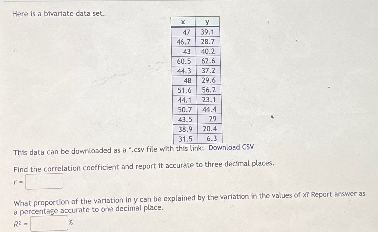 Solved Here is a bivariate data set.\table[[x,y | Chegg.com