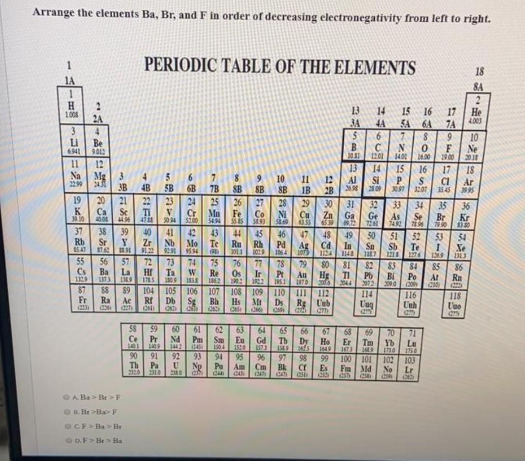 Solved Arrange the elements Ba, Br, and F in order of | Chegg.com