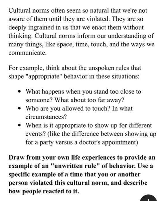 Solved Cultural norms often seem so natural that we're not | Chegg.com