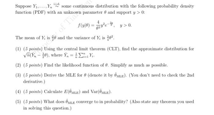 Solved Suppose Y1,…,Yn∼ i.i.d. some continuous distribution | Chegg.com