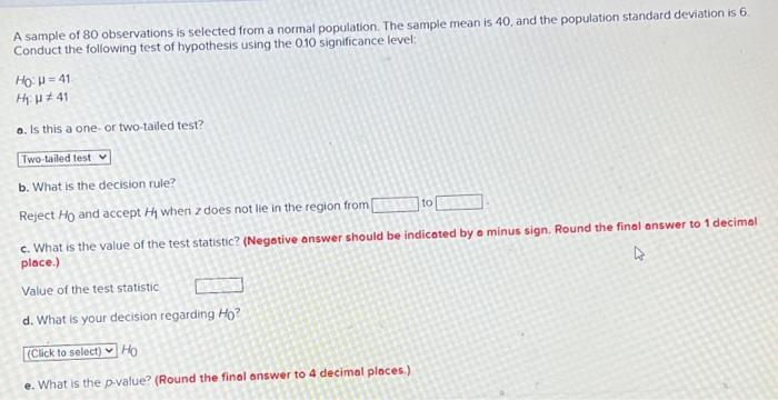 Solved A sample of 80 observations is selected from a normal | Chegg.com