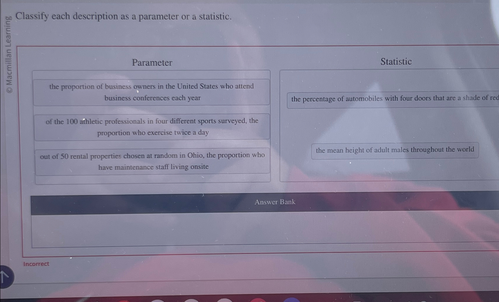 Solved Classify each description as a parameter or a | Chegg.com