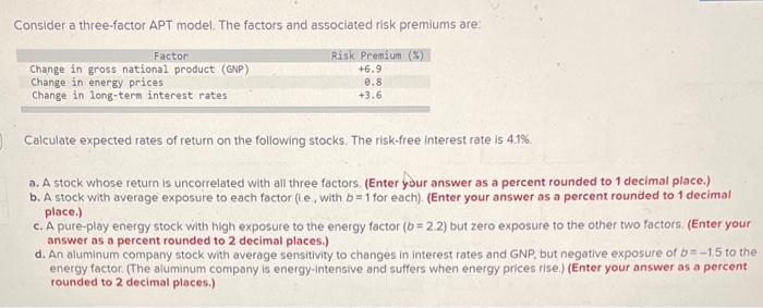 Solved Consider a three-factor APT model. The factors and | Chegg.com