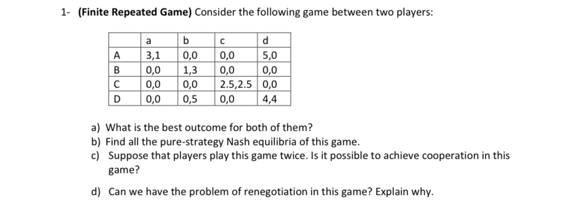 Solved 1- (Finite Repeated Game) ﻿Consider the following | Chegg.com