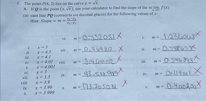 Solved The point P(4,2) lies on the curve y=x. A. If Q is | Chegg.com