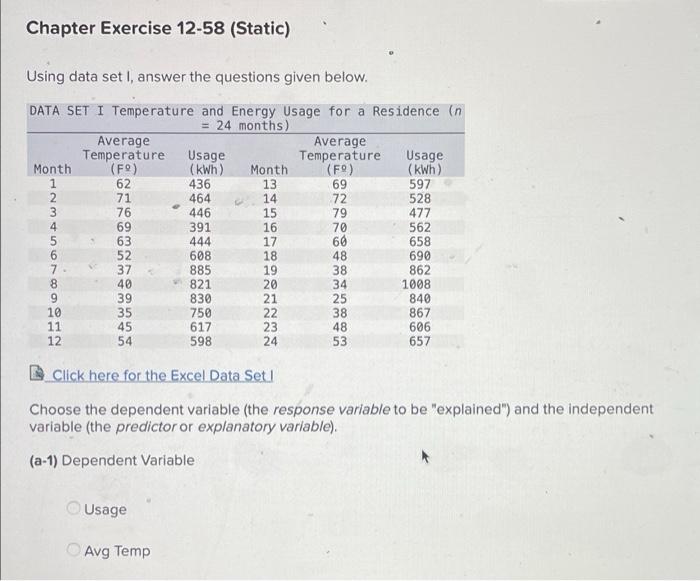 Solved Chapter Exercise 12-58 (Static) Using data set I, | Chegg.com