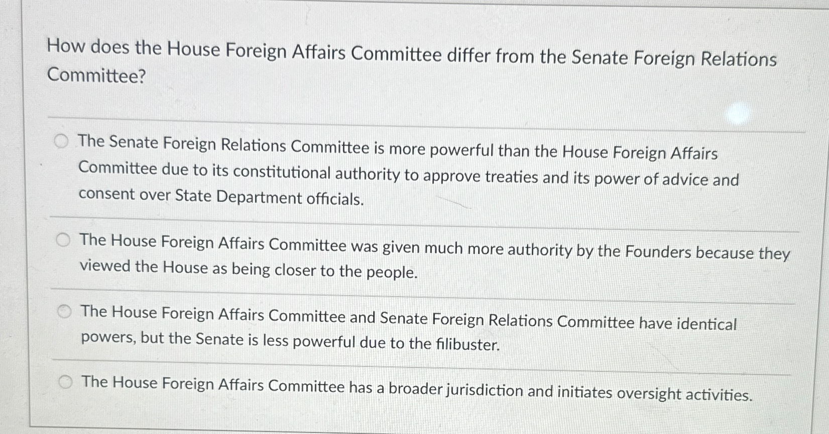 Solved How does the House Foreign Affairs Committee differ | Chegg.com