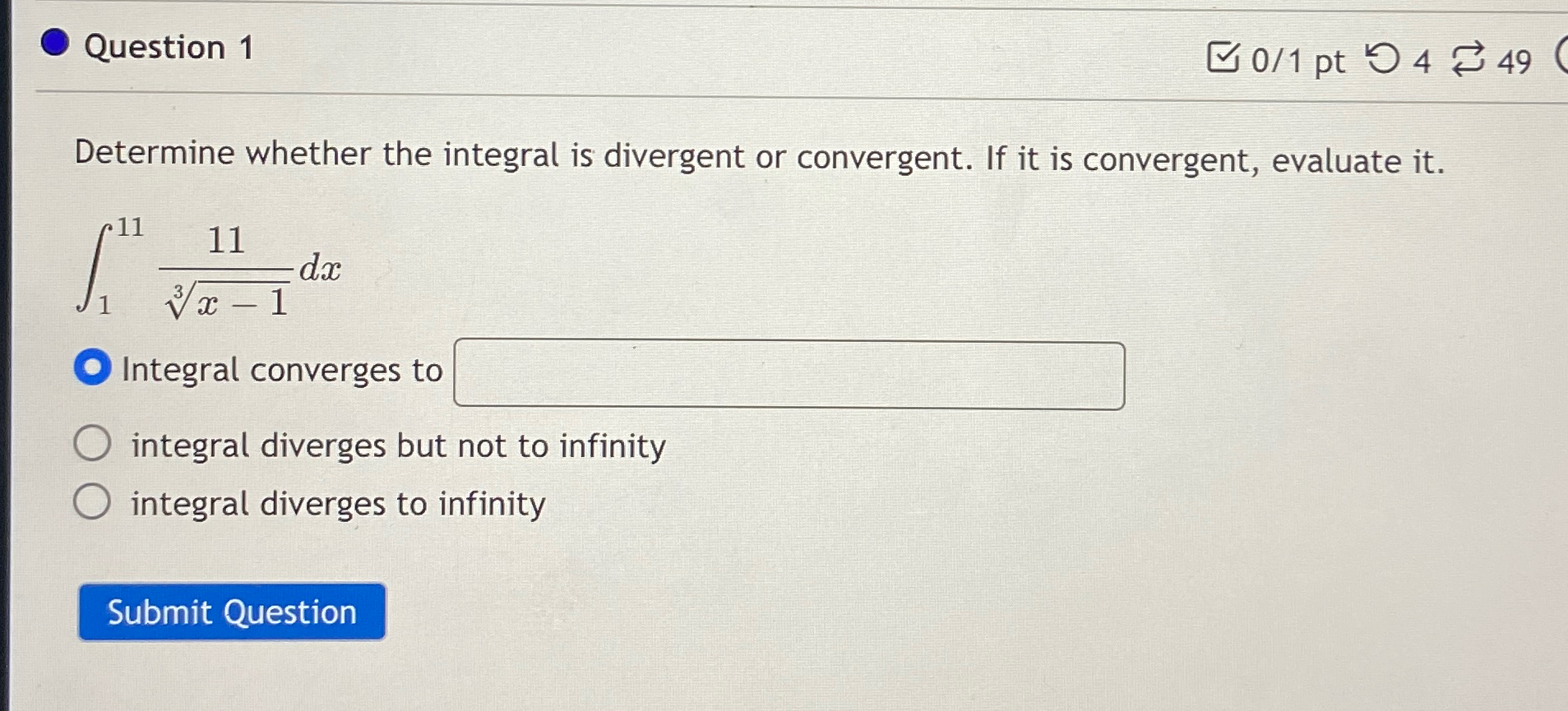 Solved Question 101pt449Determine whether the integral is | Chegg.com