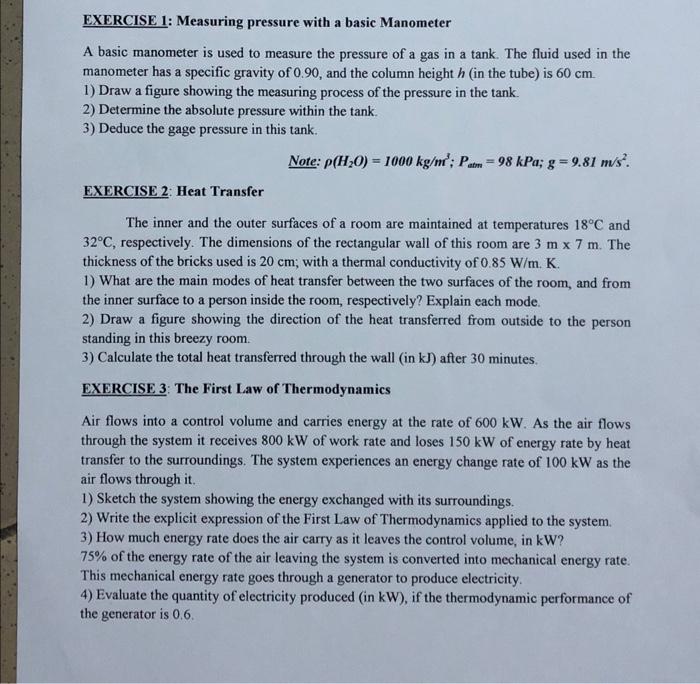 Solved EXERCISE 1: Measuring pressure with a basic Manometer | Chegg.com