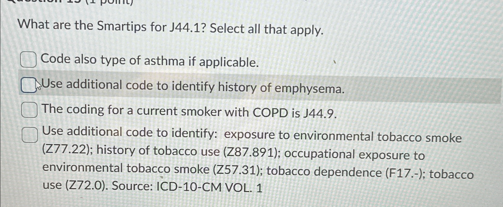 Solved What are the Smartips for J44.1? ﻿Select all that | Chegg.com